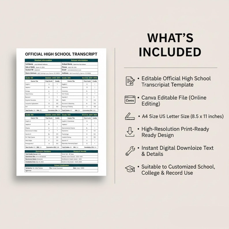 Official High School Transcript Template, Editable Student Grade ...