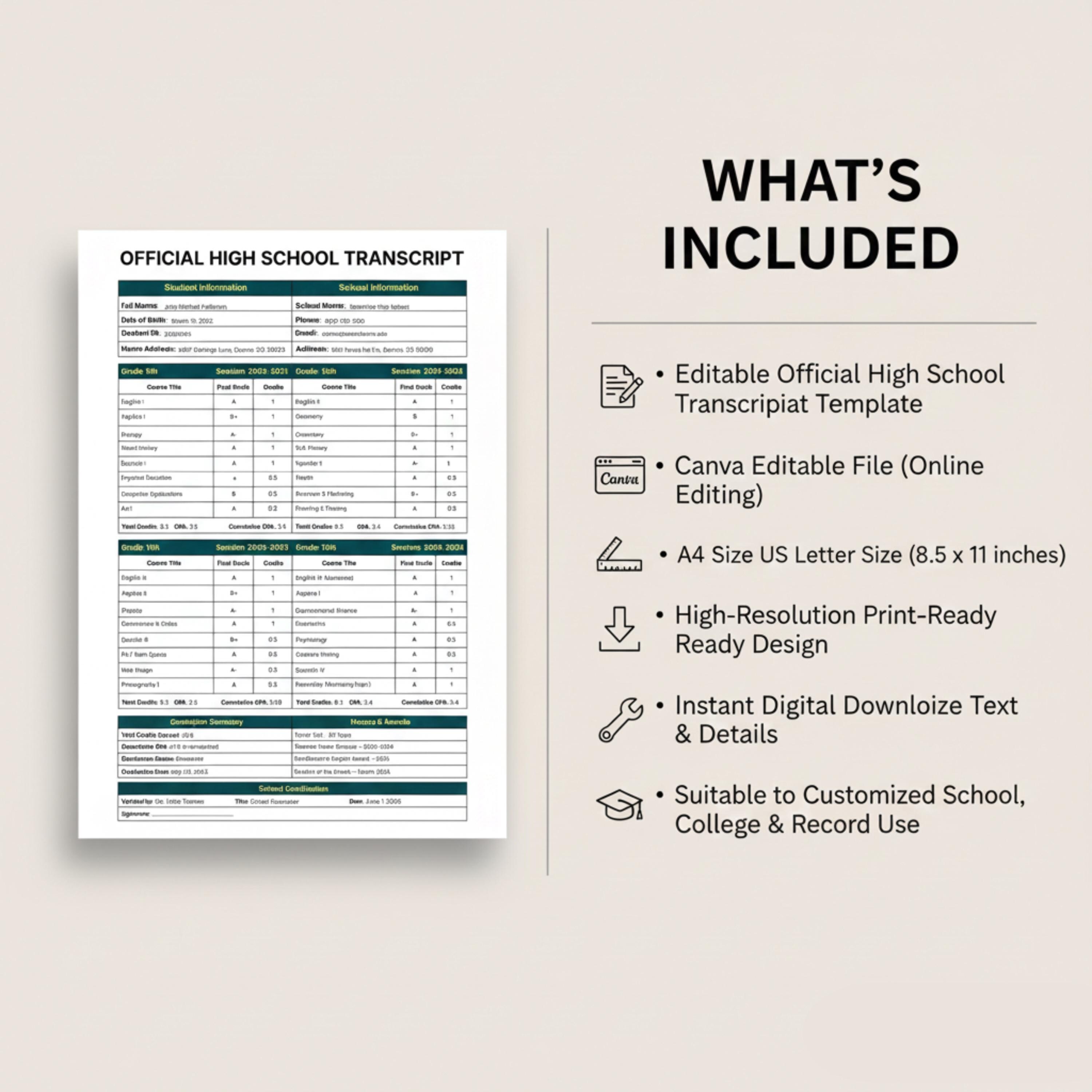 Official High School Transcript Template, Editable Student Grade ...