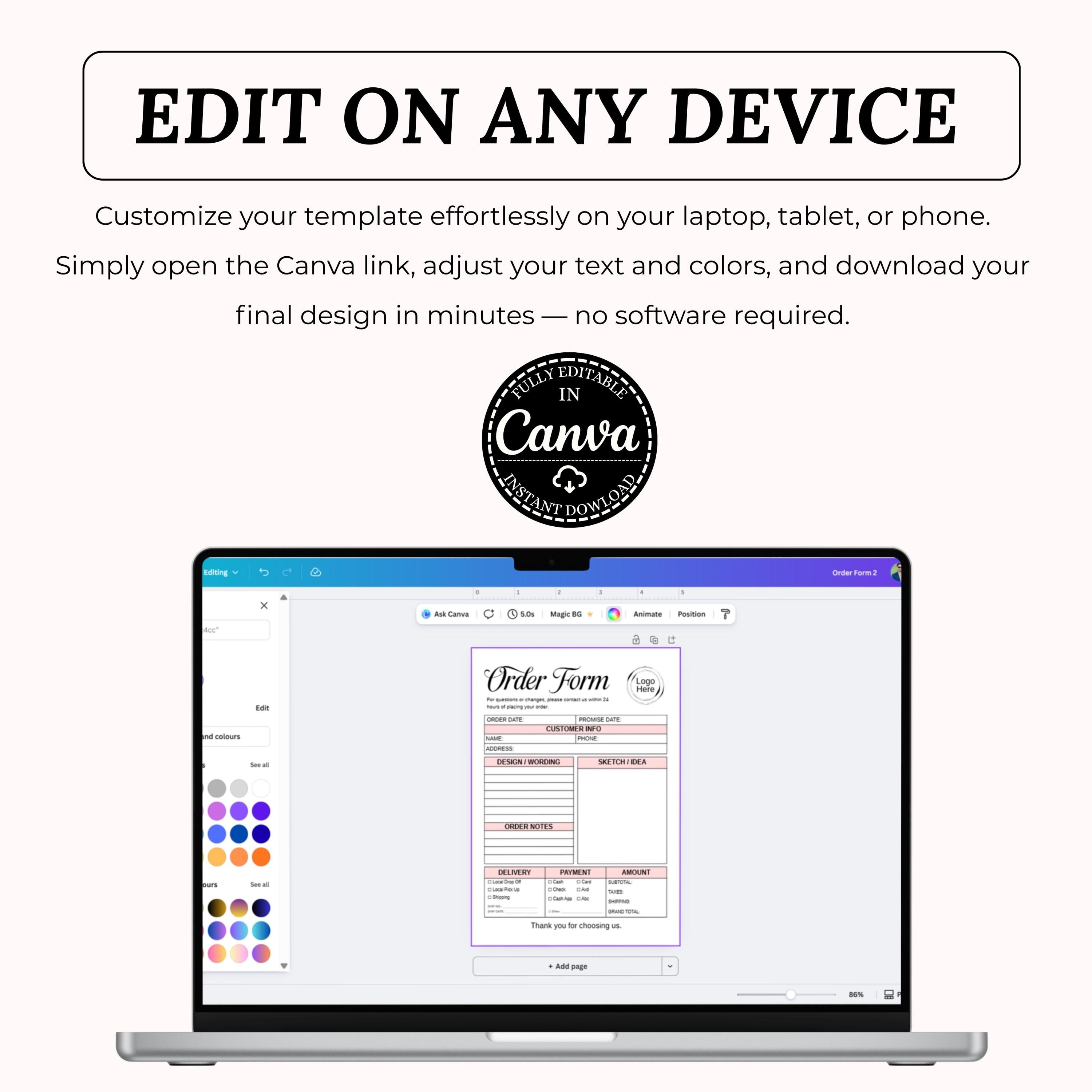 Editable Order Form Template for Small Business, Printable Custom Order ...