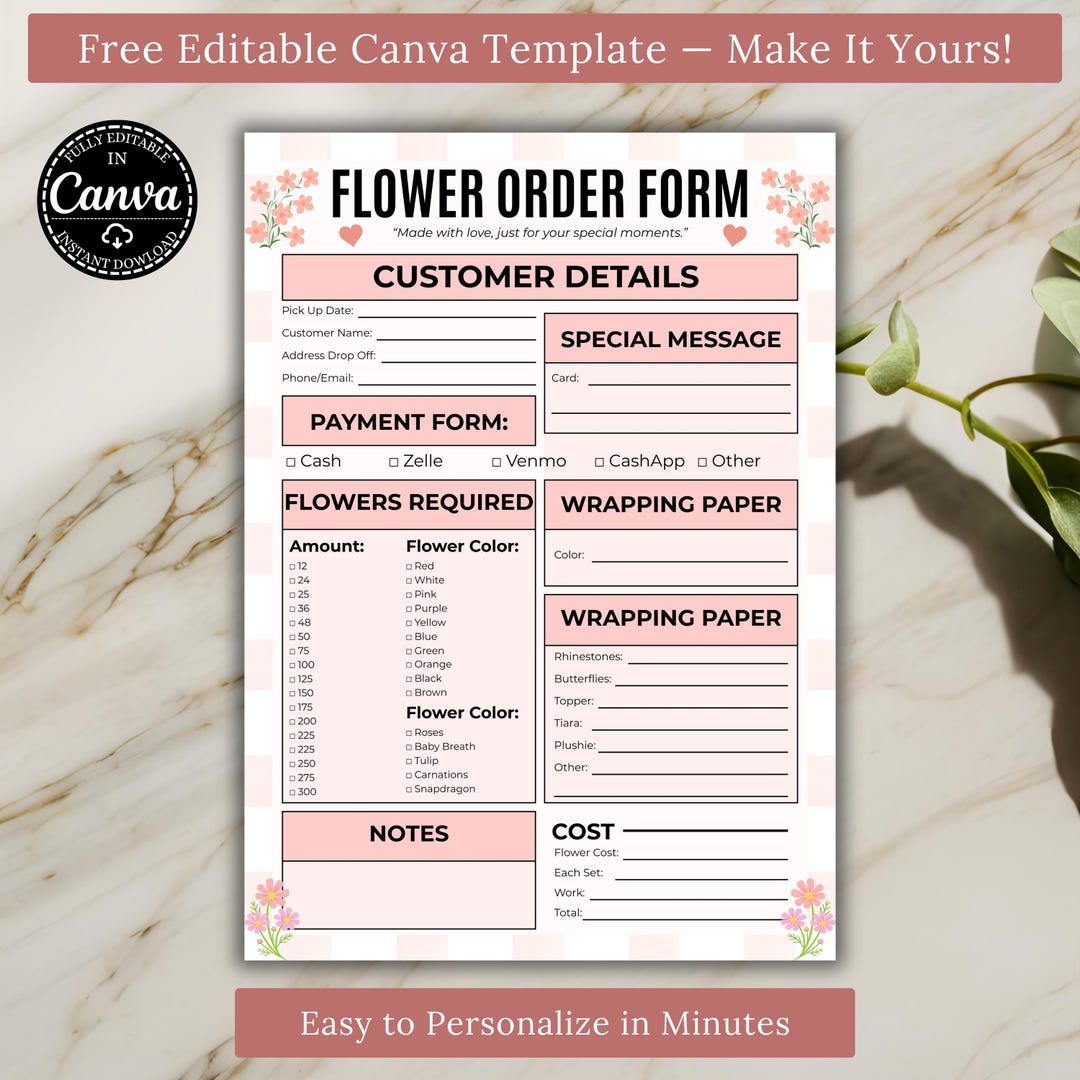 Editable Canva Flower Order Form Template, Florist Order Sheet, Bouquet ...