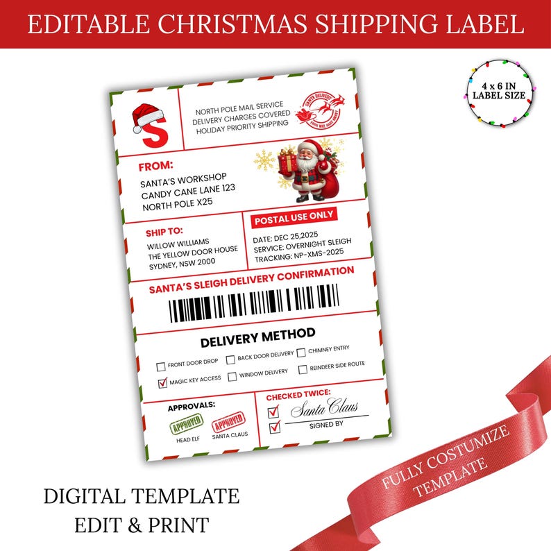Santa Shipping Label Printable Template, Editable Christmas Elf Mail ...