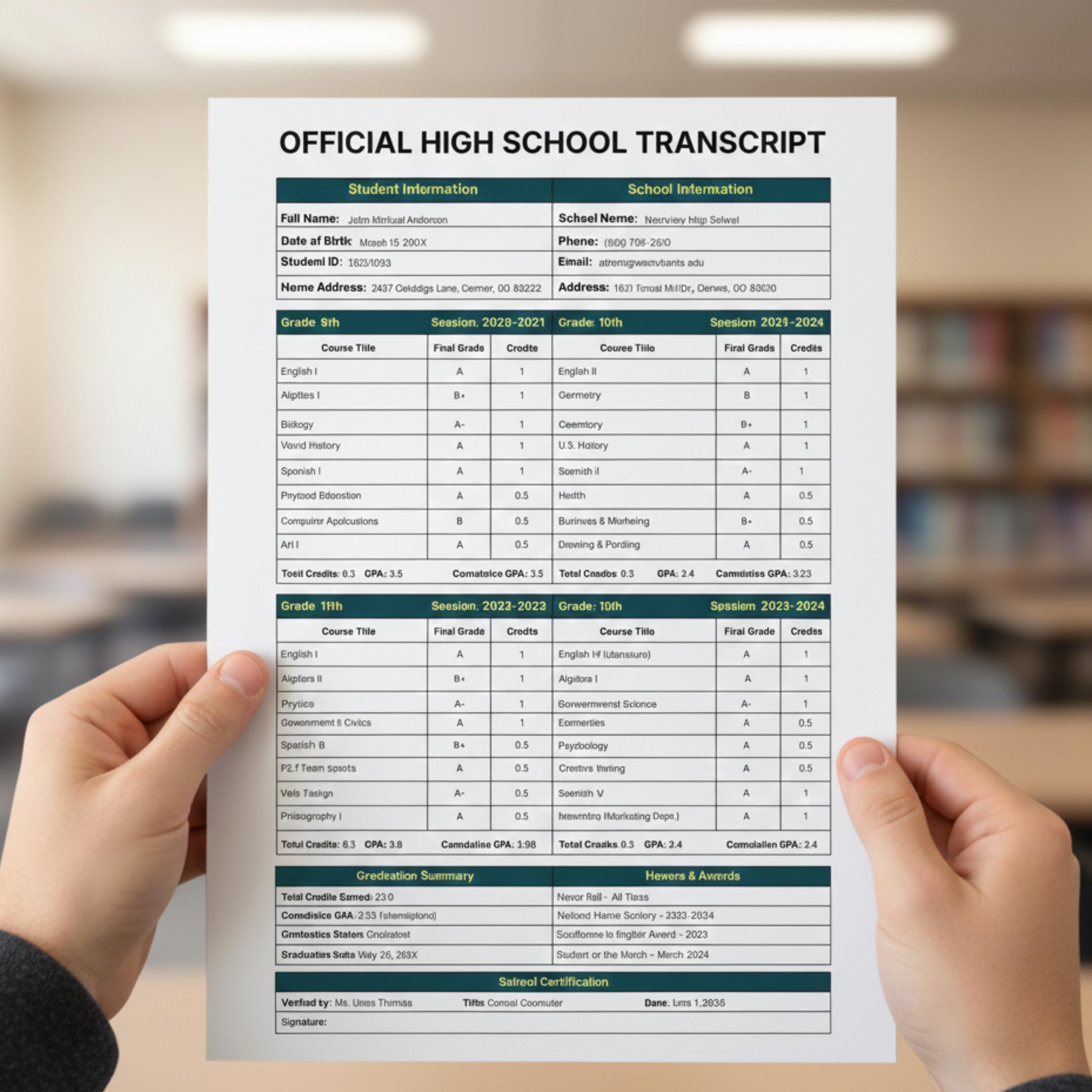 Official High School Transcript Template, Editable Student Grade ...
