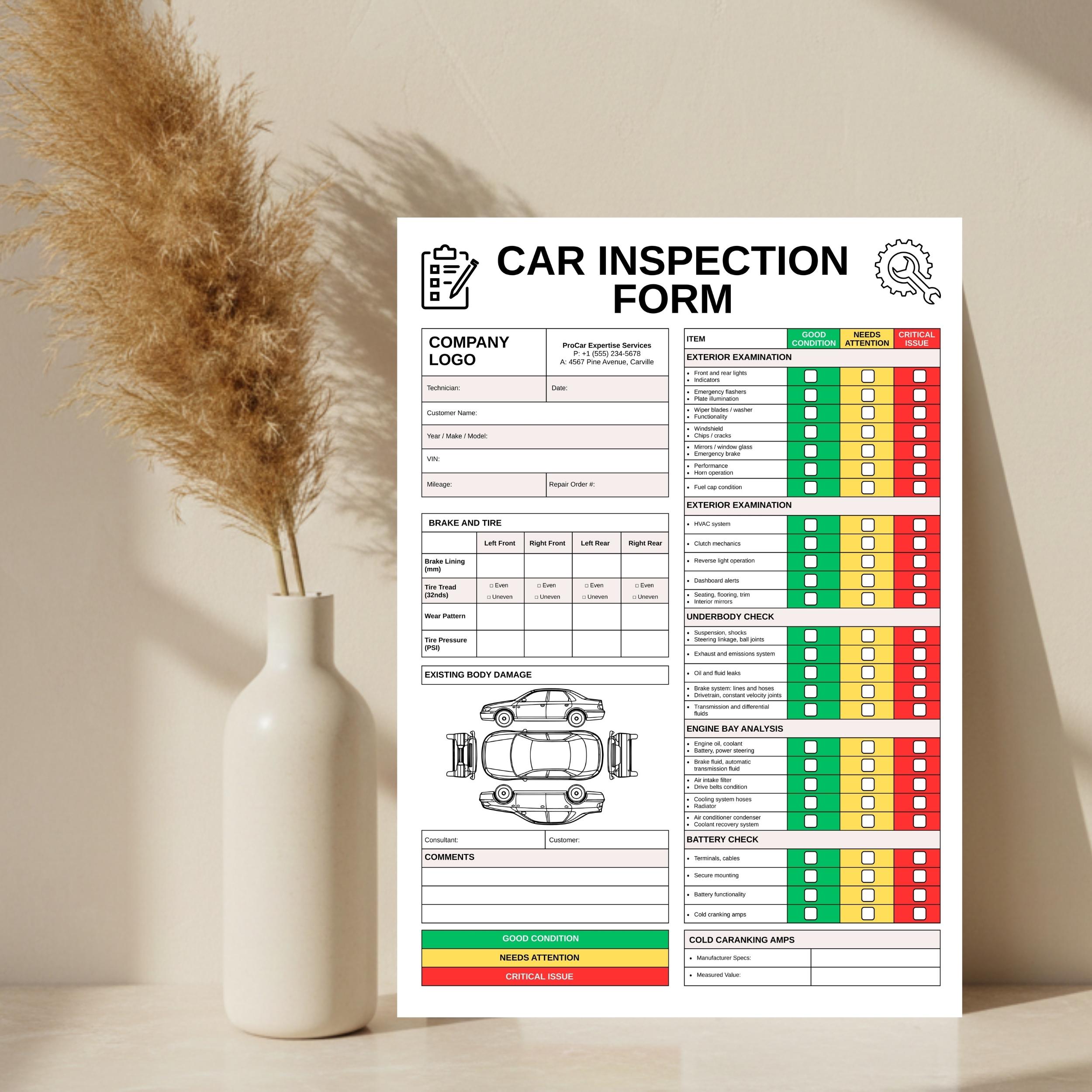 Vehicle Inspection Report PDF, Fillable Multi-point Checklist ...
