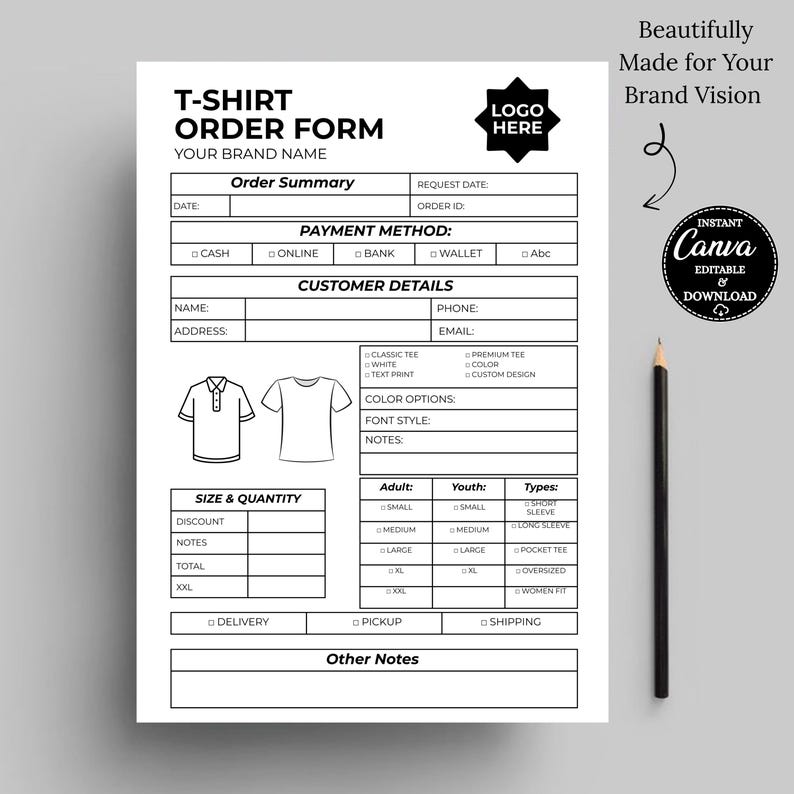 Customizable T-shirt Order Form Template, Editable Printable PDF for ...