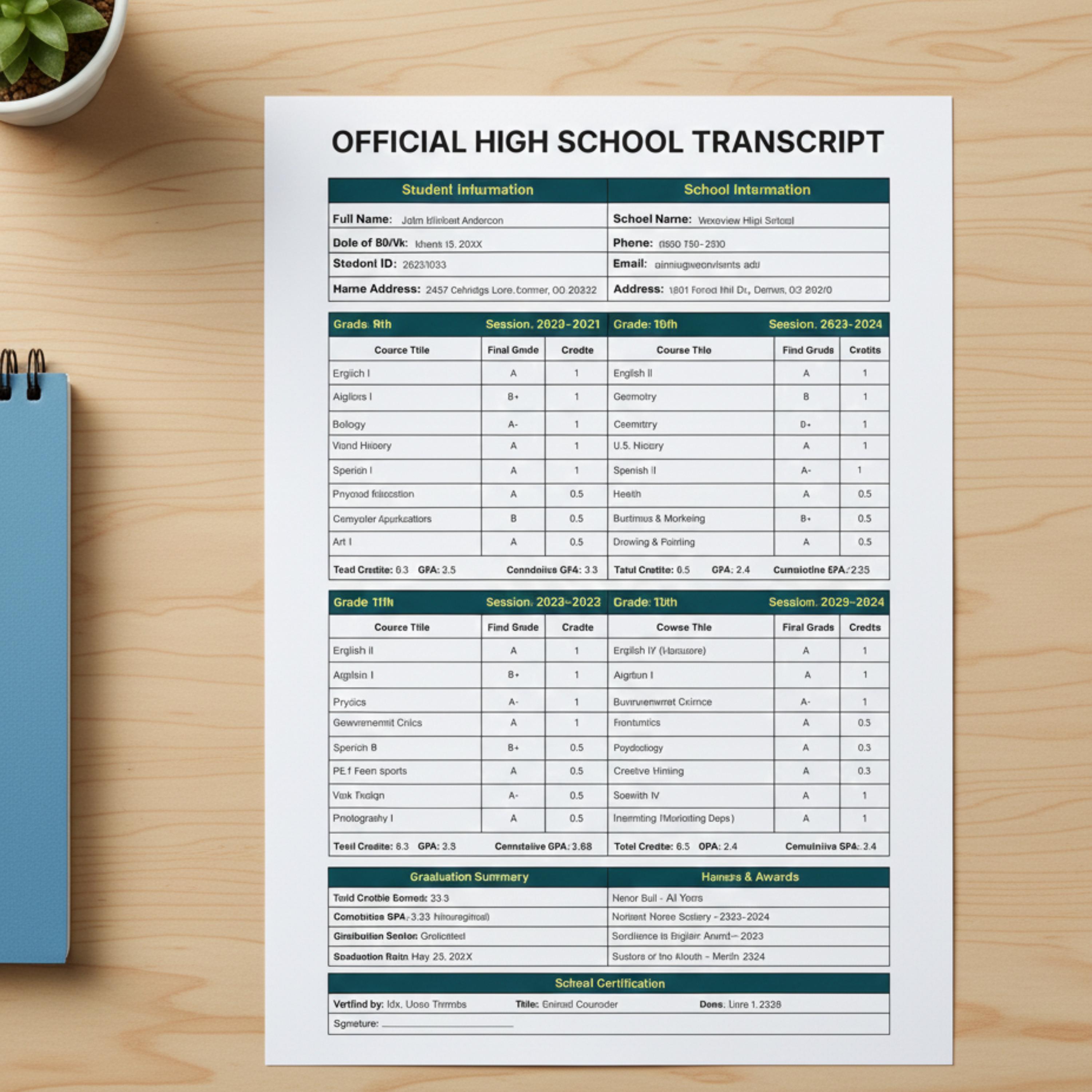 Official High School Transcript Template, Editable Student Grade ...