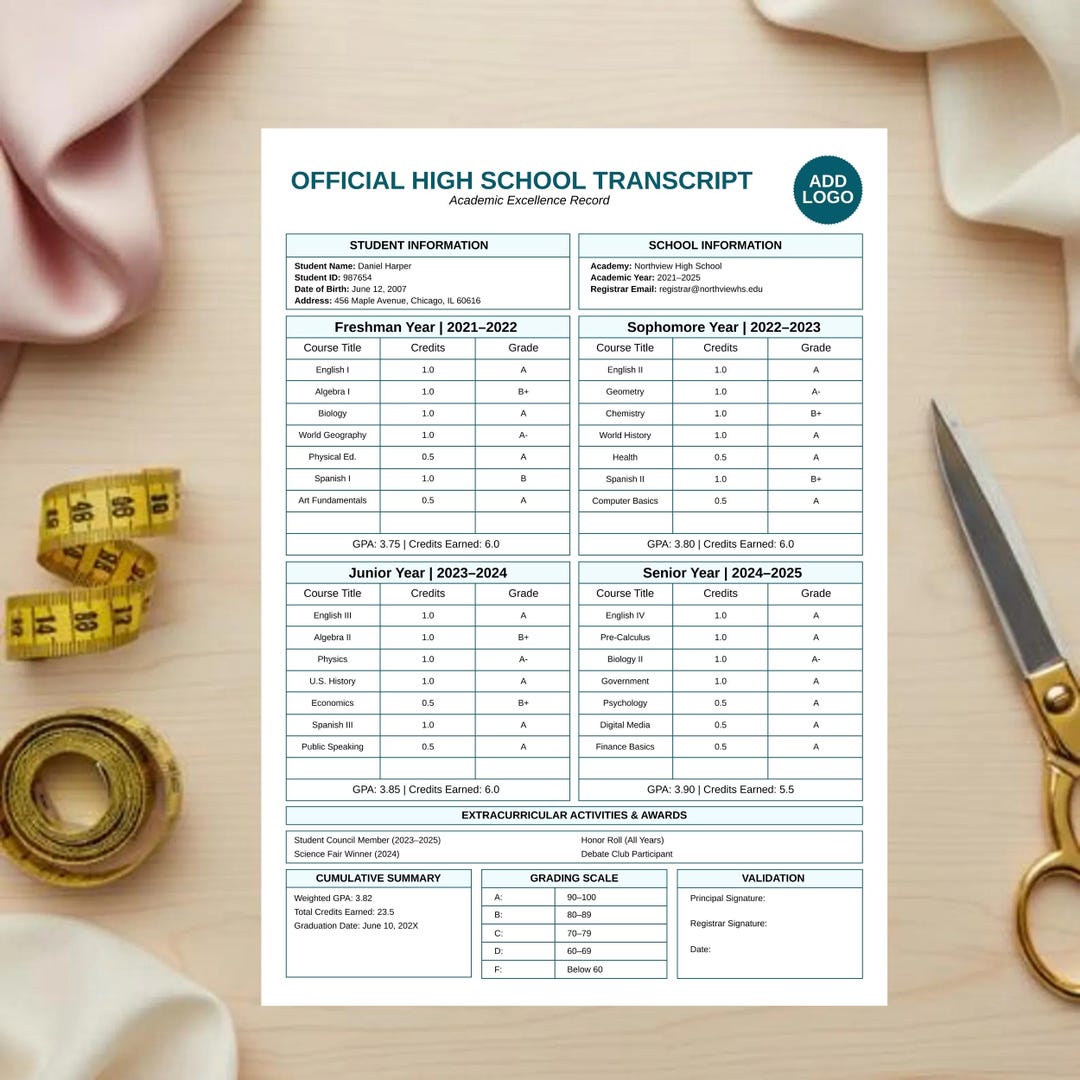 Editable High School Transcript Template, Homeschool Academic Record ...