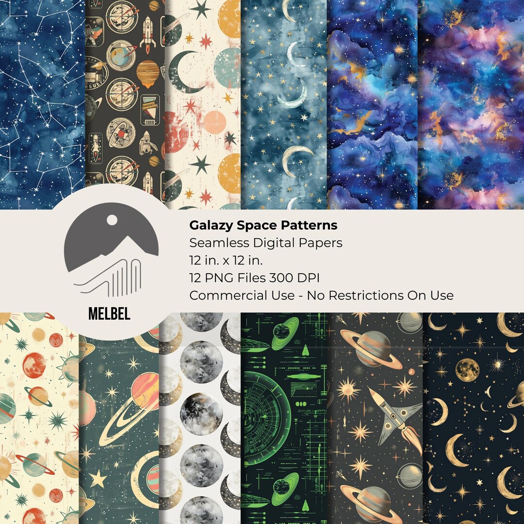 Starry Night Sky Digital Paper Pack: Galaxy Rocket Scrapbook ...