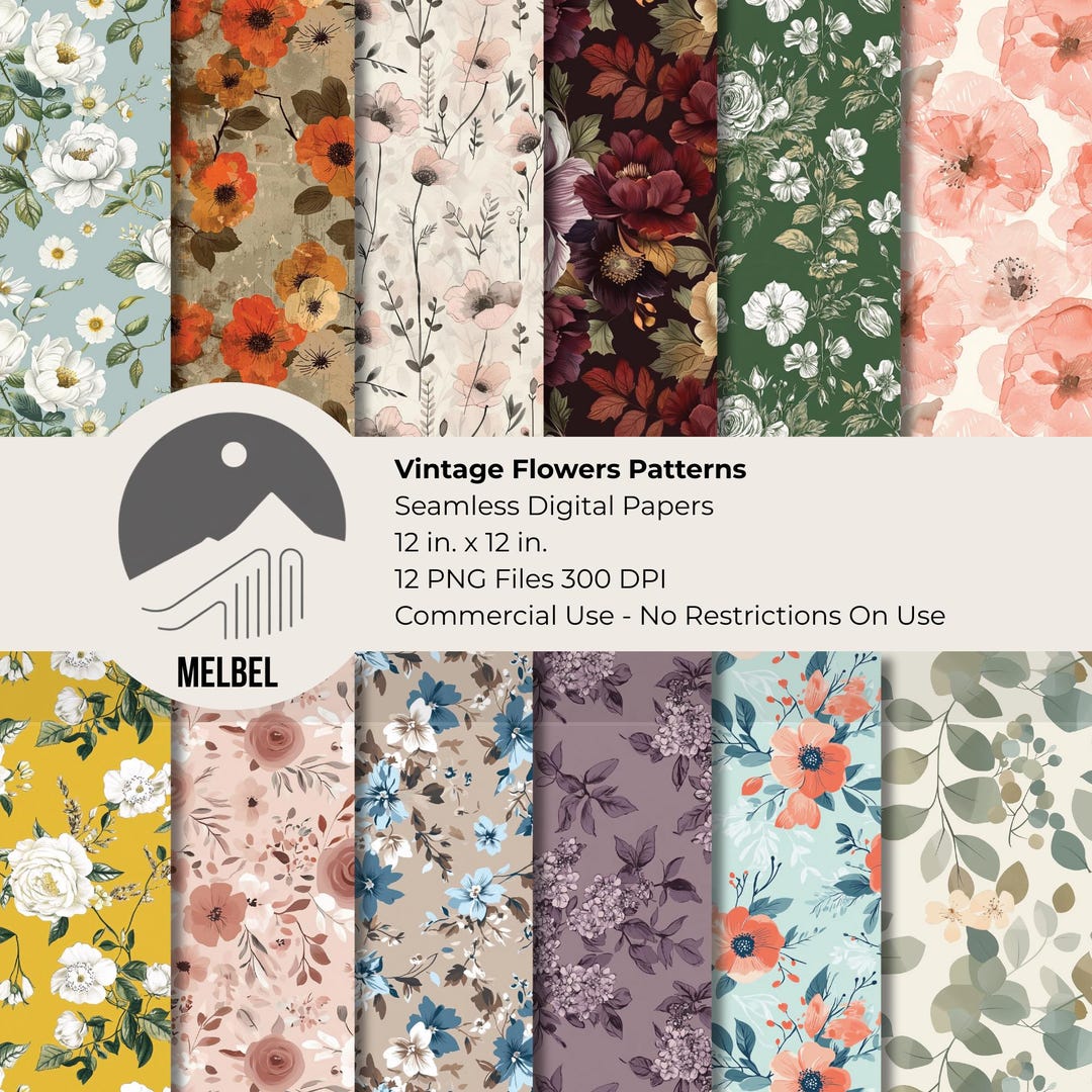 Vintage Floral Digital Paper Pack: Botanical Scrapbook Patterns (12x12 ...