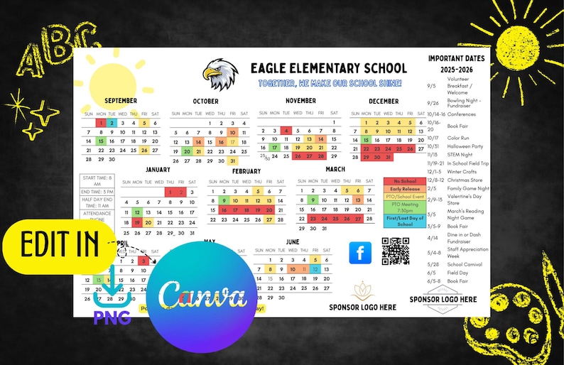 Editable School Calendar Template: PTO PTA, Sports Team, Community ...