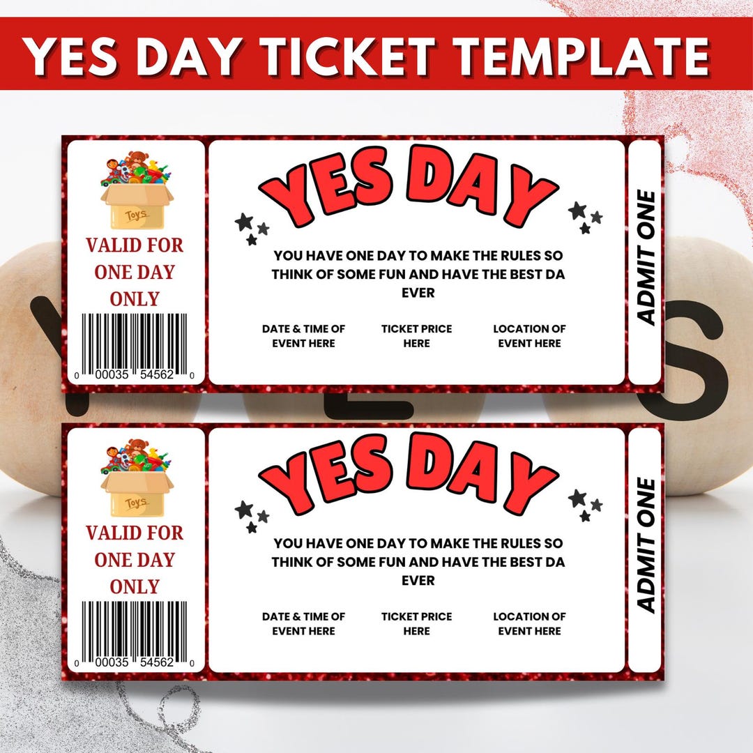 Yes Day Ticket Template, Printable Fun Day Ticket, Editable Coupon ...