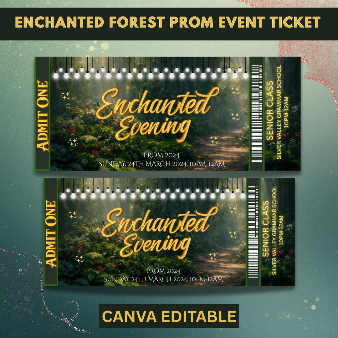 Enchanted Forest Prom Ticket Template, Editable Canva Prom Event Ticket ...