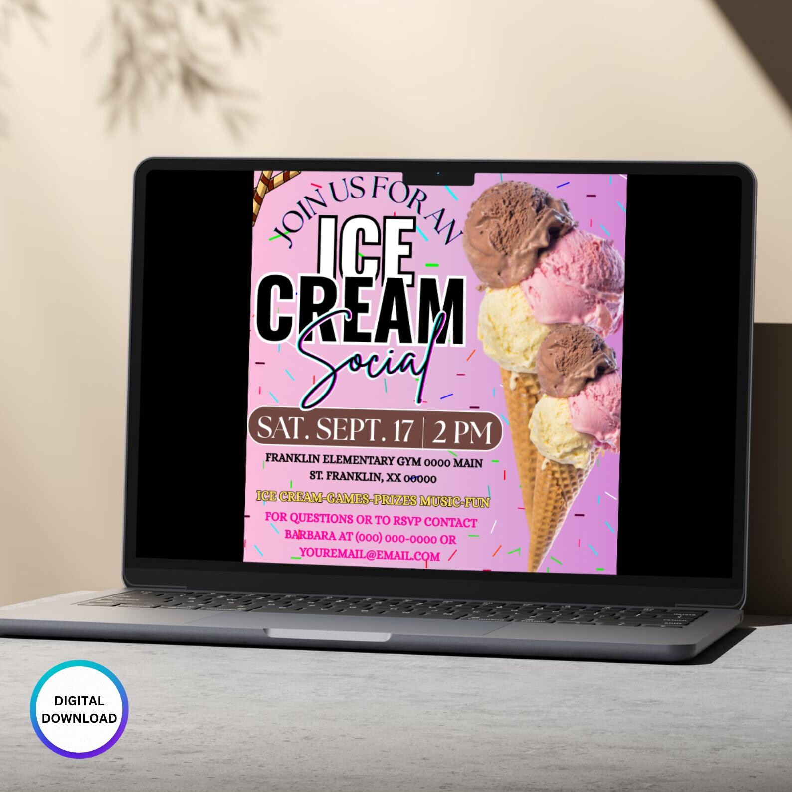 Editable Ice Cream Party Flyer Template: Printable Birthday, Social ...