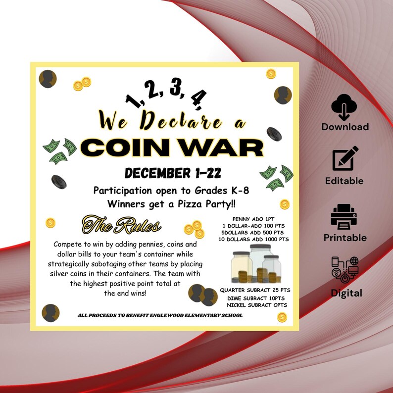 Editable Coin War Flyer: School PTA Fundraiser Template (digital ...