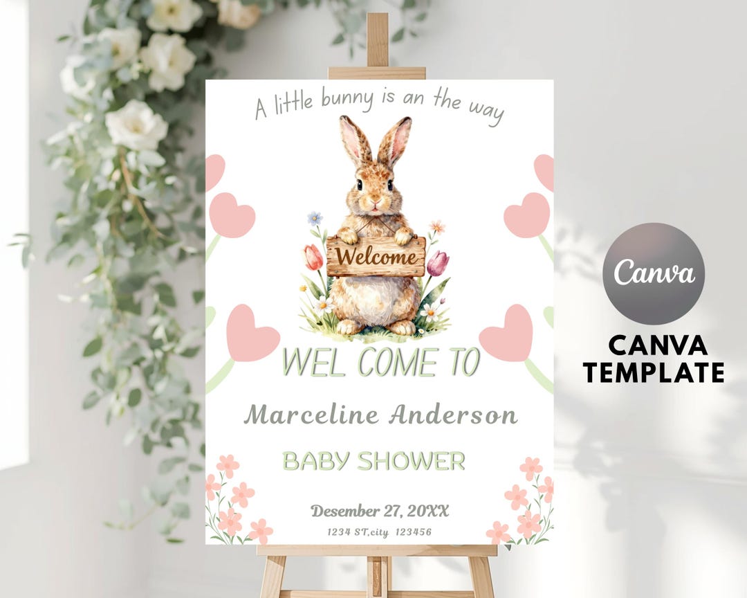 Easter Bunny Welcome Sign Canva Editable Template, Bunny Easter Egg ...