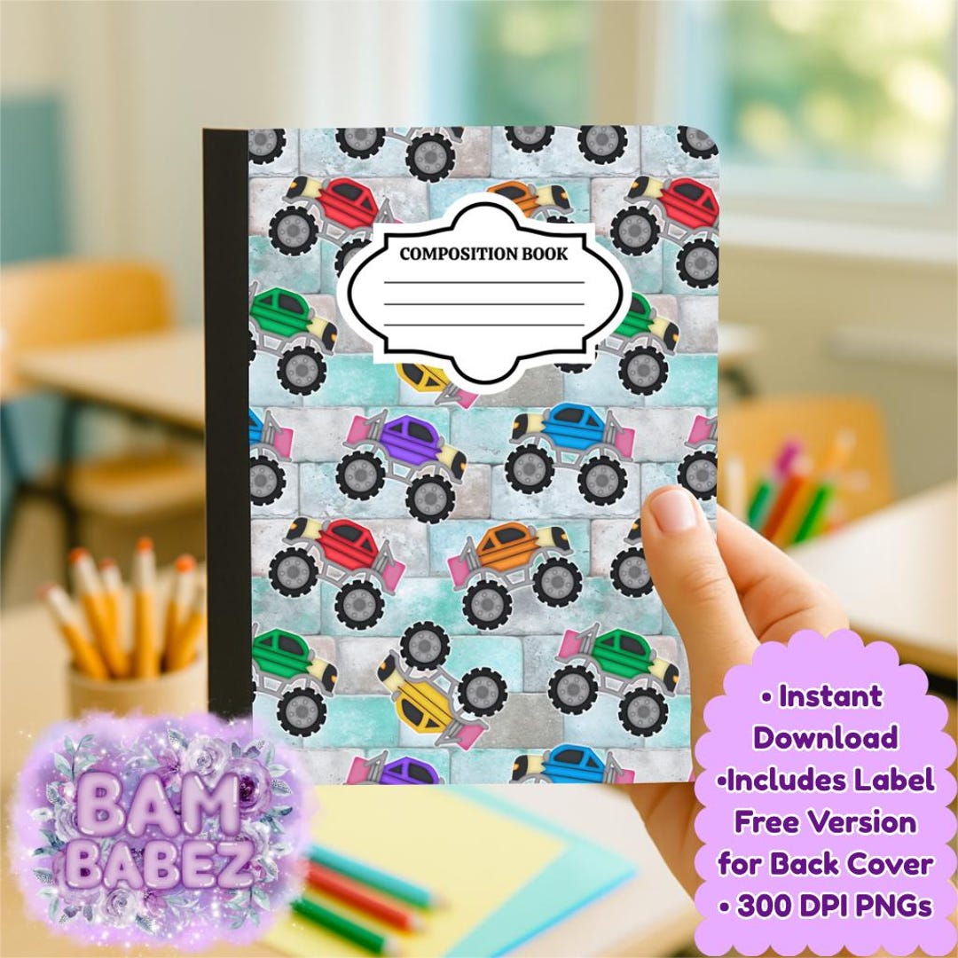 Composition Book Cover Rainbow Pencil Monster Trucks Brick PNG - Etsy