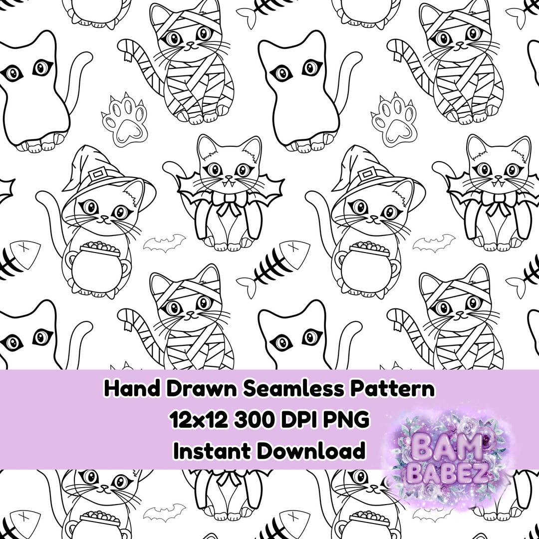 Costume Kitty Color Me in Seamless Pattern Hand Drawn PNG - Etsy