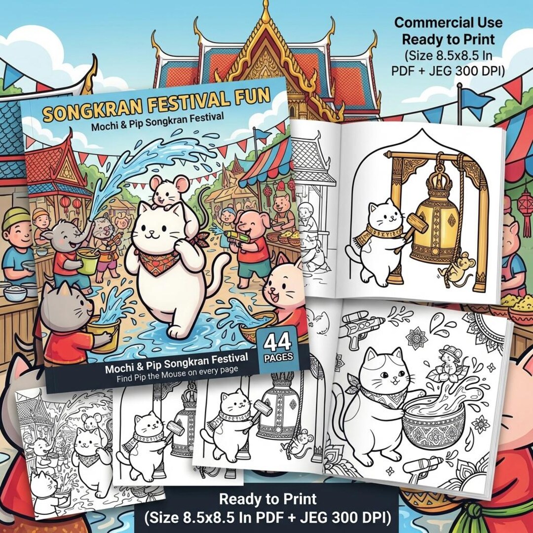 Songkran Festival Coloring Pages, Mochi & Pip Kawaii Cat Mouse Activity ...