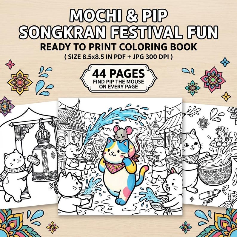Songkran Festival Coloring Pages, Mochi & Pip Kawaii Cat Mouse Activity ...