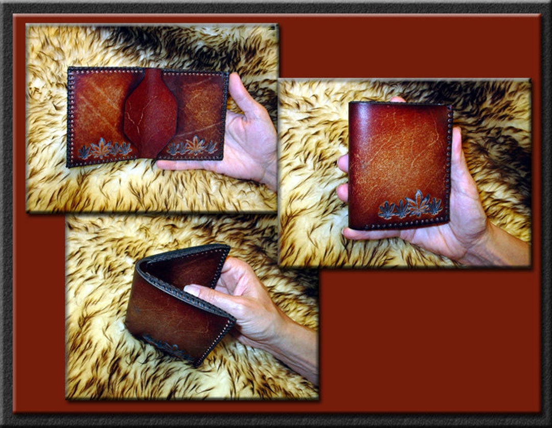 MARIJUANA LEAF Design #1 BIFOLD Wallet • A Beautifully Hand Tooled ...