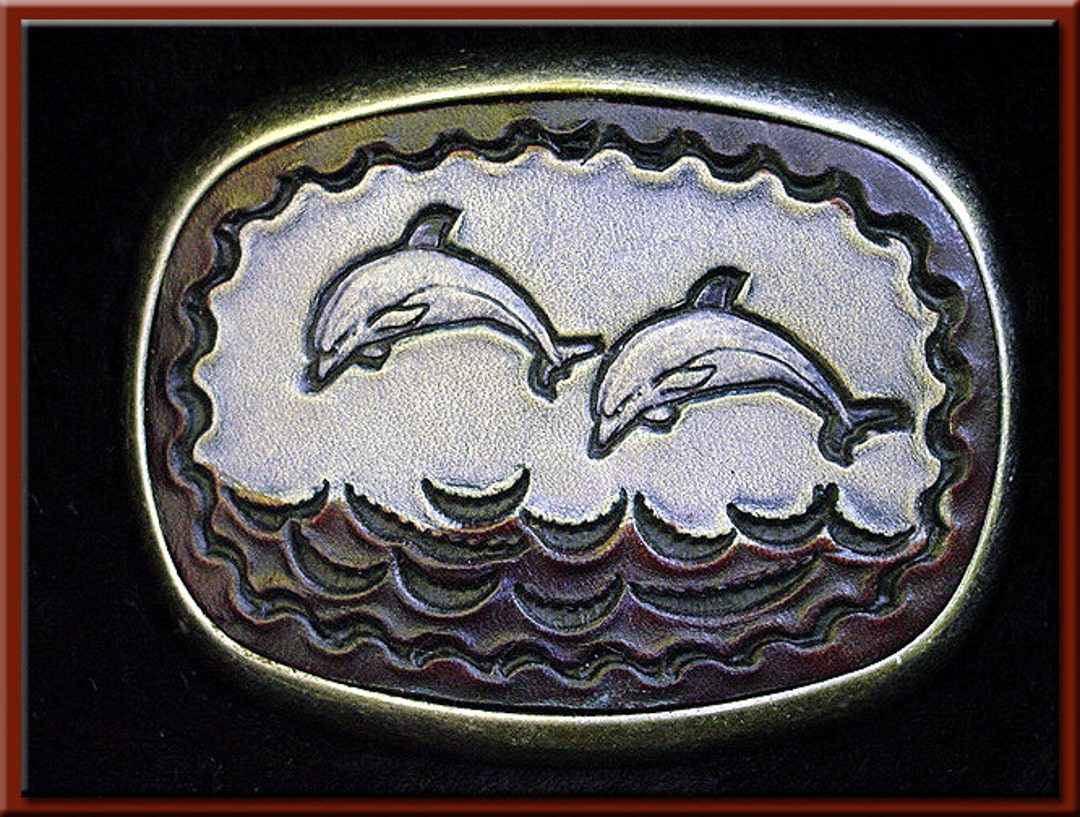 DOLPHINS Design, Handcrafted, Hand Tooled Leather Belt Buckle • Fits up ...