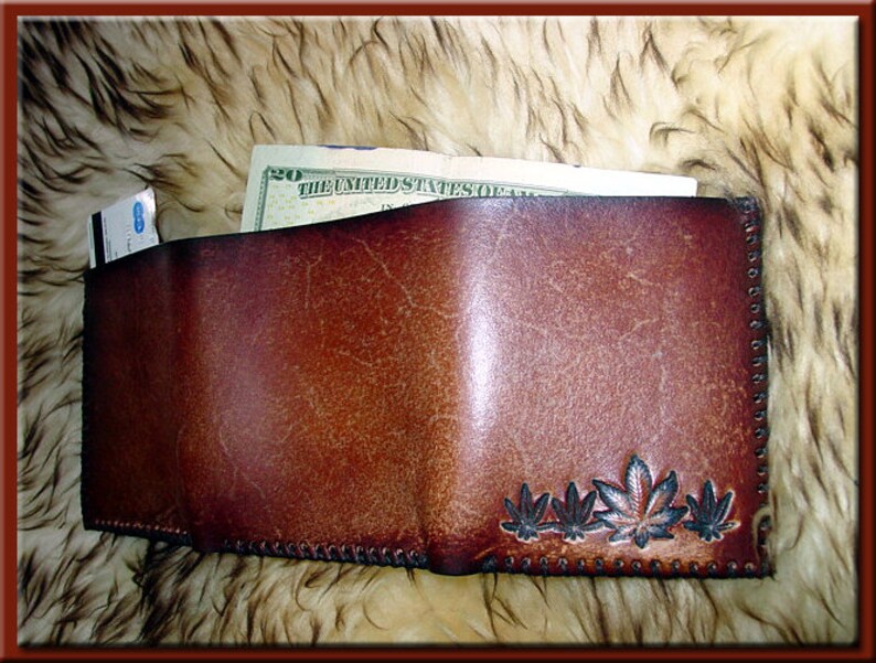MARIJUANA LEAF Design #1 TRIFOLD Wallet • A Beautifully Hand Tooled ...