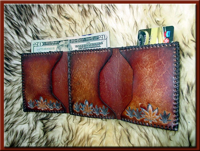 MARIJUANA LEAF Design #1 TRIFOLD Wallet • A Beautifully Hand Tooled ...