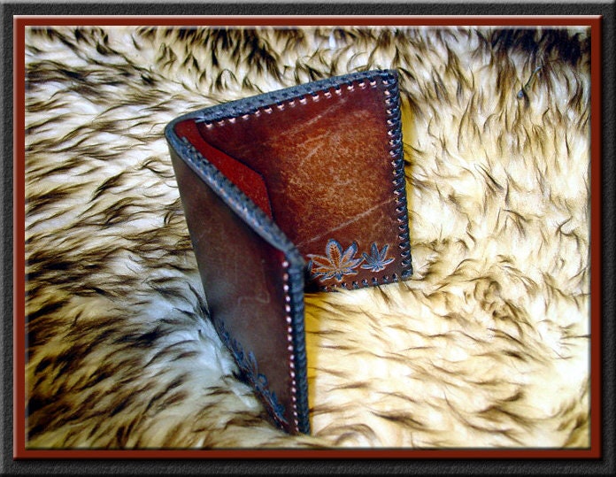 MARIJUANA LEAF Design #1 BIFOLD Wallet • A Beautifully Hand Tooled ...