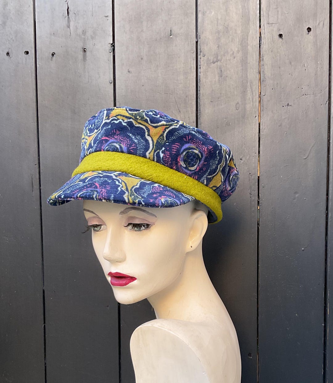 Blue Floral Velvet Cap With Contrasting Green Band, Unique Fisherman ...