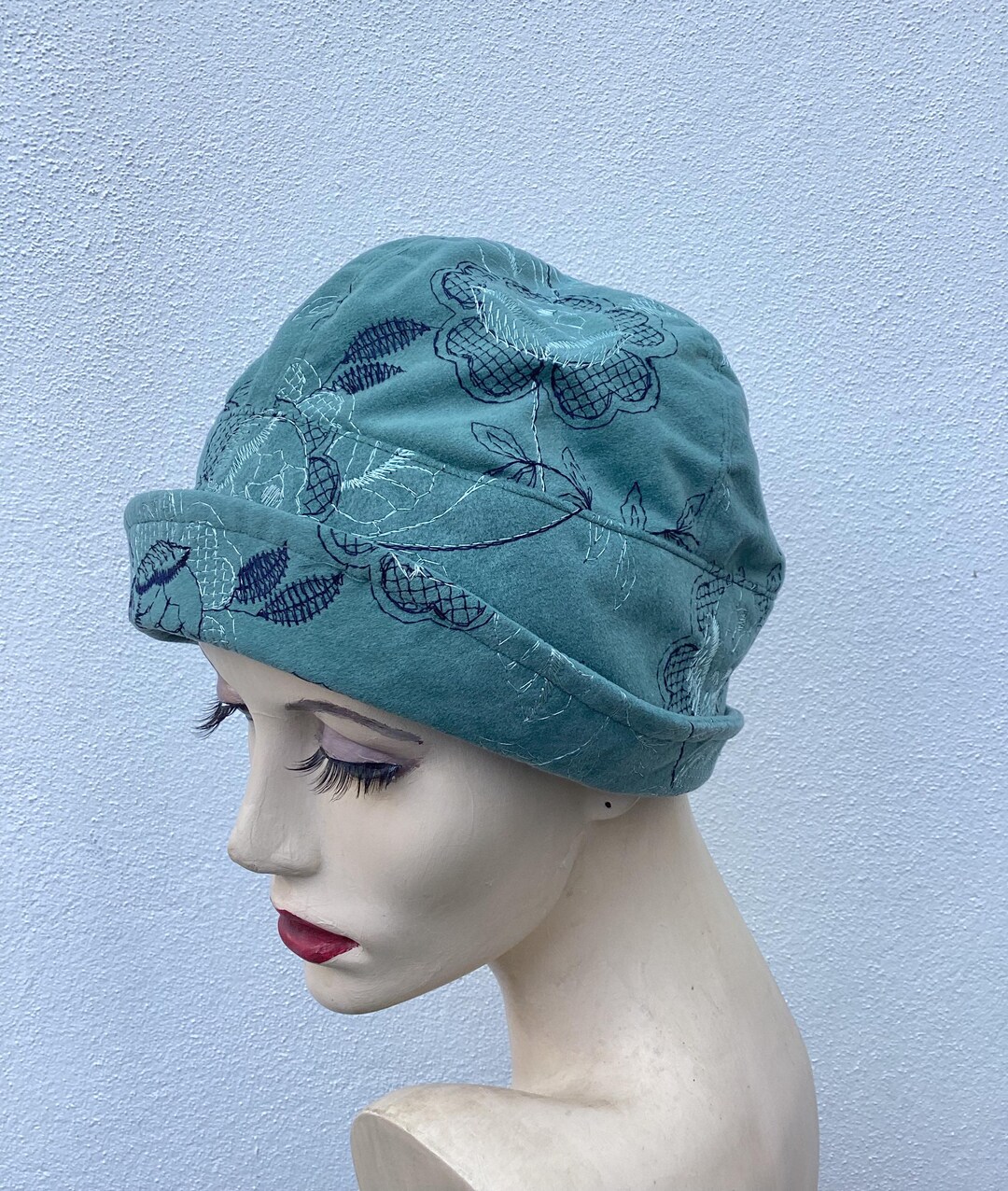 Green Floral Cloche Hat, Brushed Cotton Cloche, Recycled Fabric ...