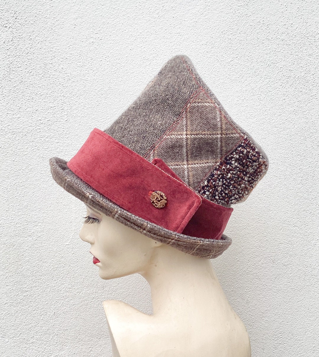 Unique Patchwork Slouchy Top Hat With Removable Band and Feather Accent ...