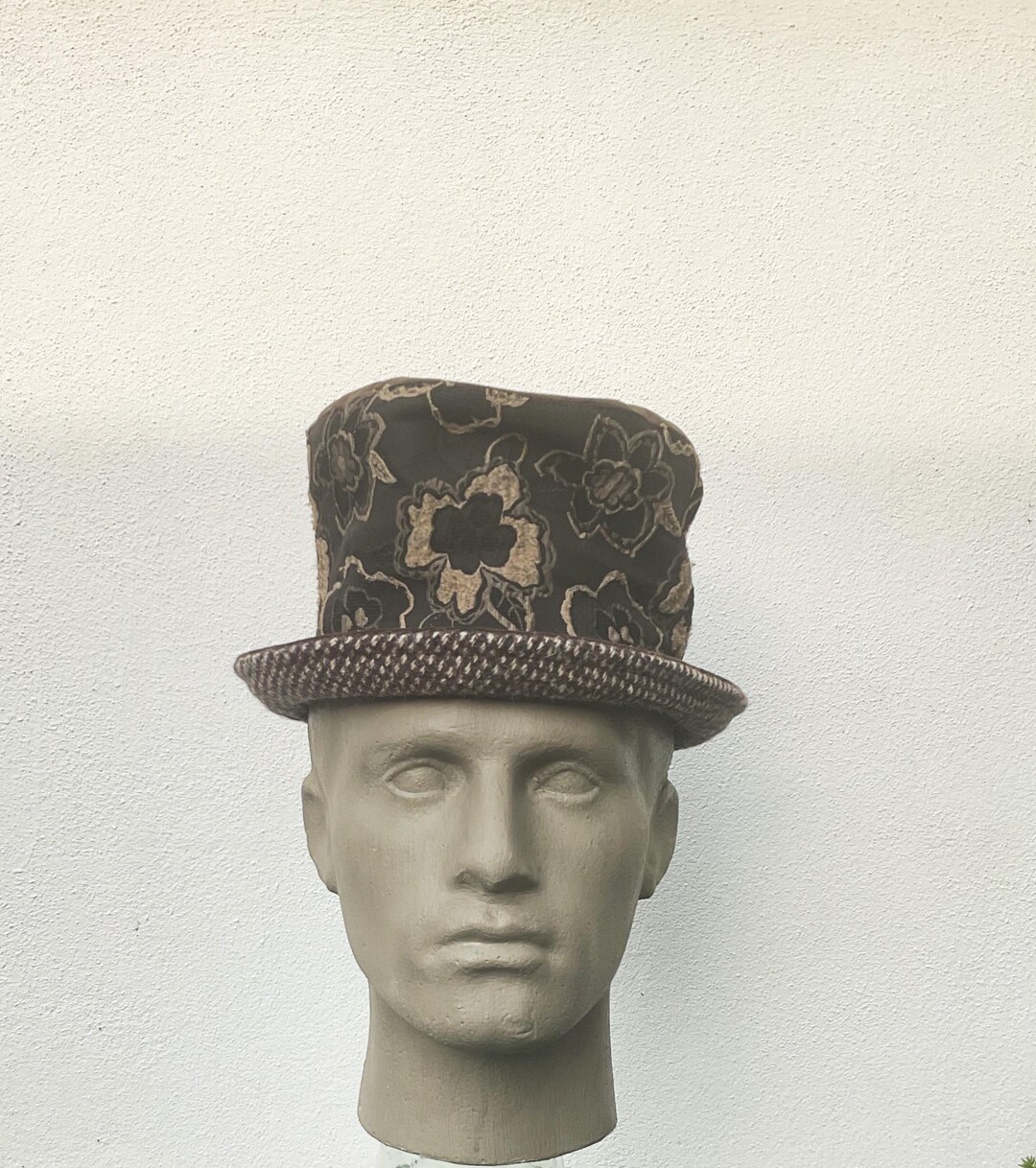 Brown Velvet, Floral Embroidery and Tweed Fabric Top Hat, Unconstructed ...