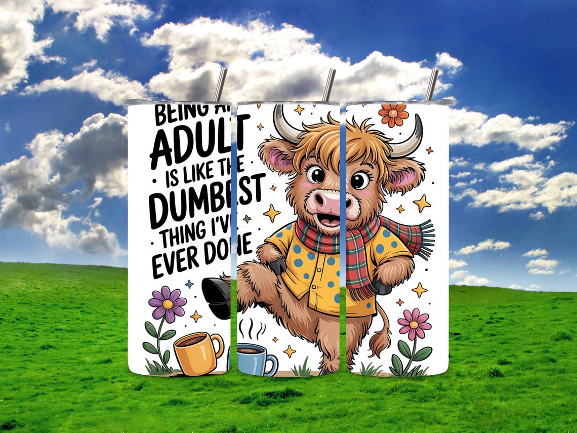 Funny Highland Cow Tumbler Wrap – Adulting Humor, 20oz Skinny Tumbler ...