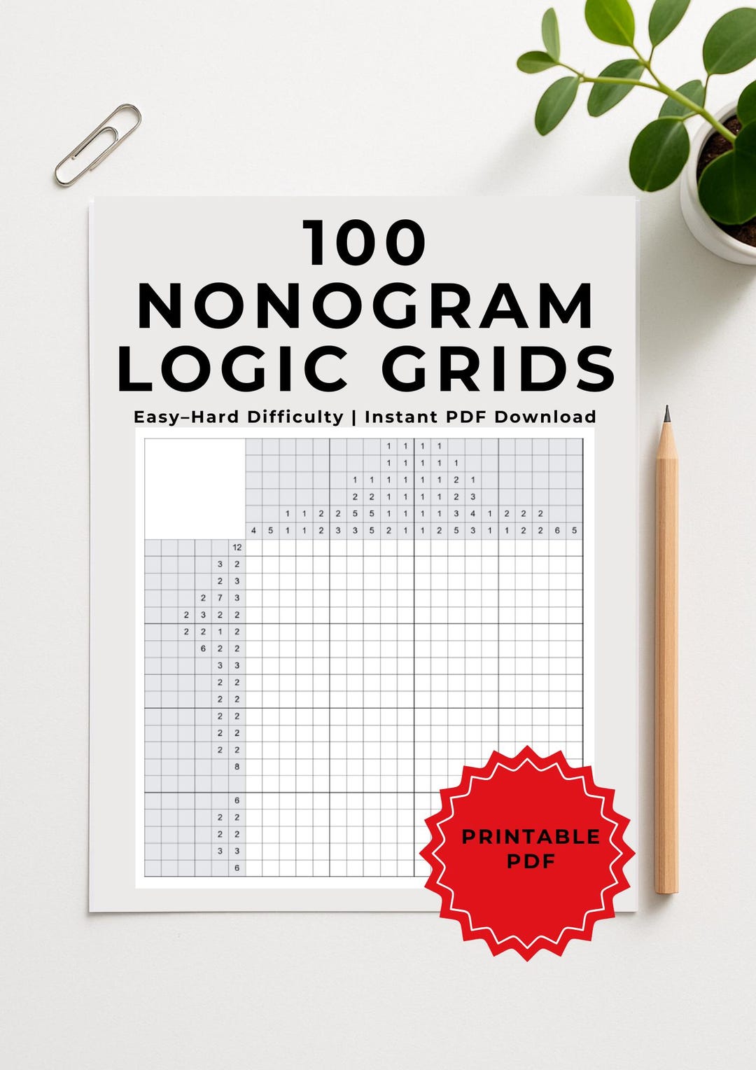 100 Nonogram Logic Grids | Picross Printable Pack | Brain Teaser PDF ...