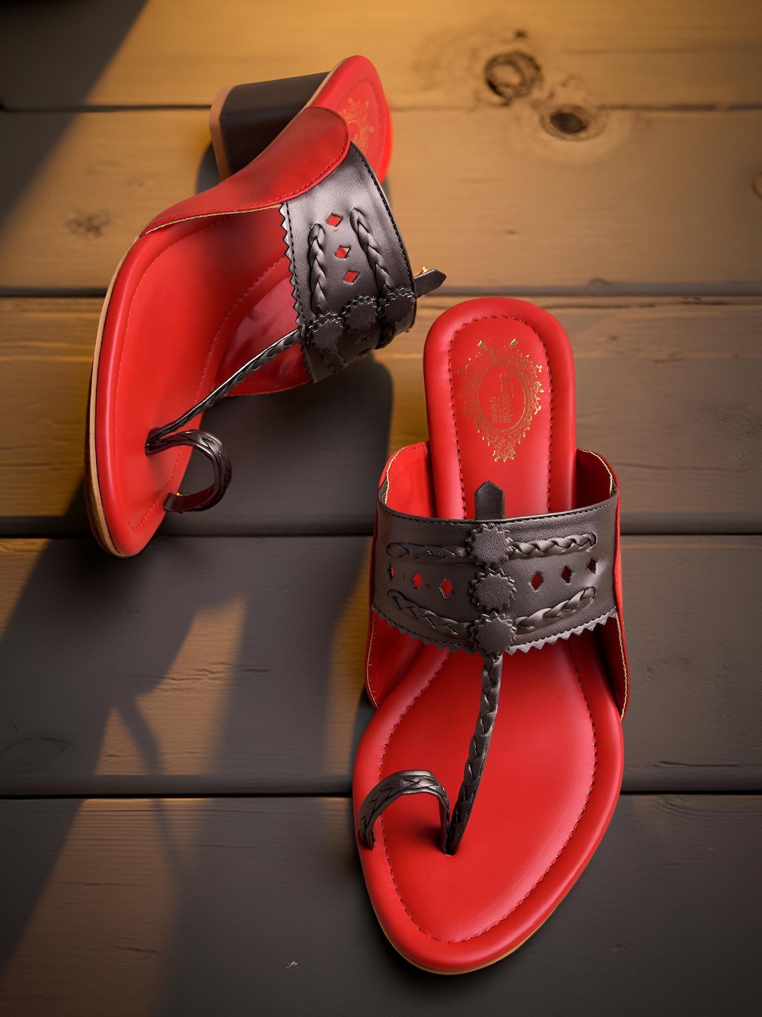 Handmade Red Kolhapuri Block Heel Sandals | Ethnic Fusion Party Wear - Etsy