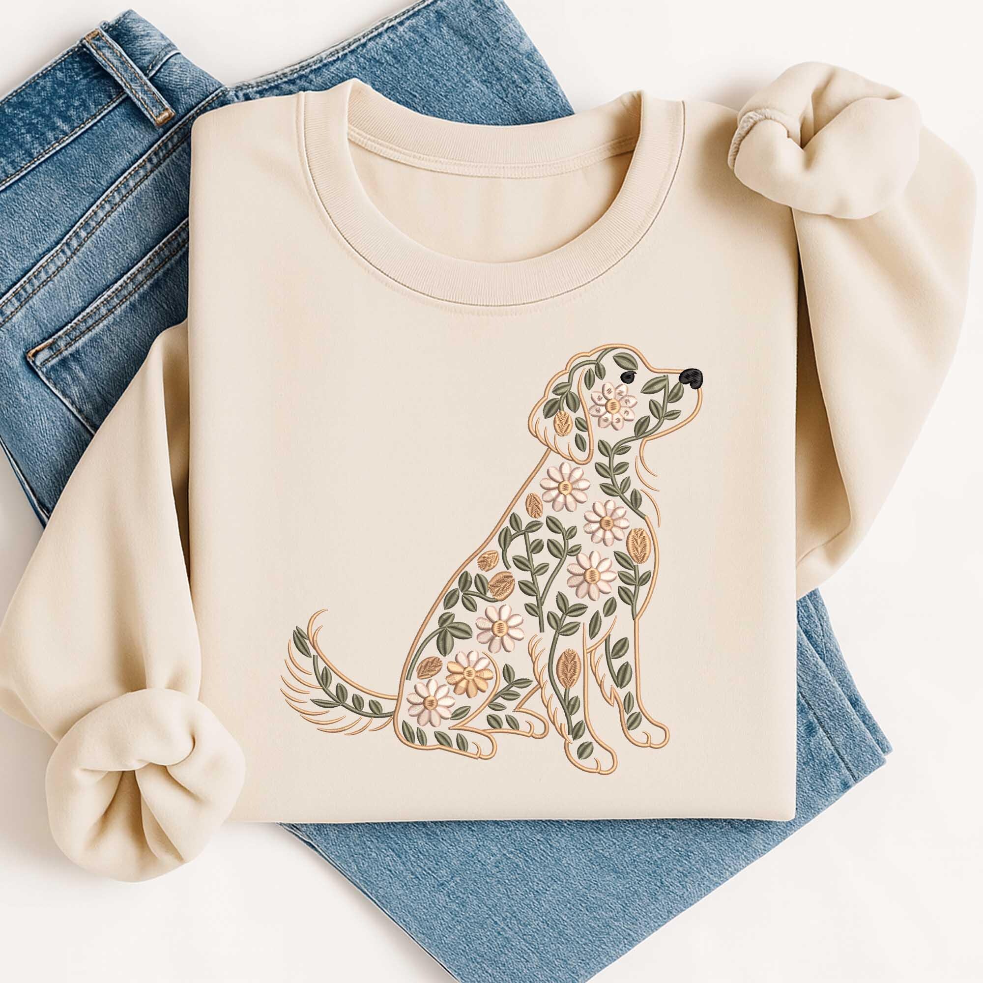 Floral Golden Retriever Embroidery Design, Sitting Dog With Flowers ...