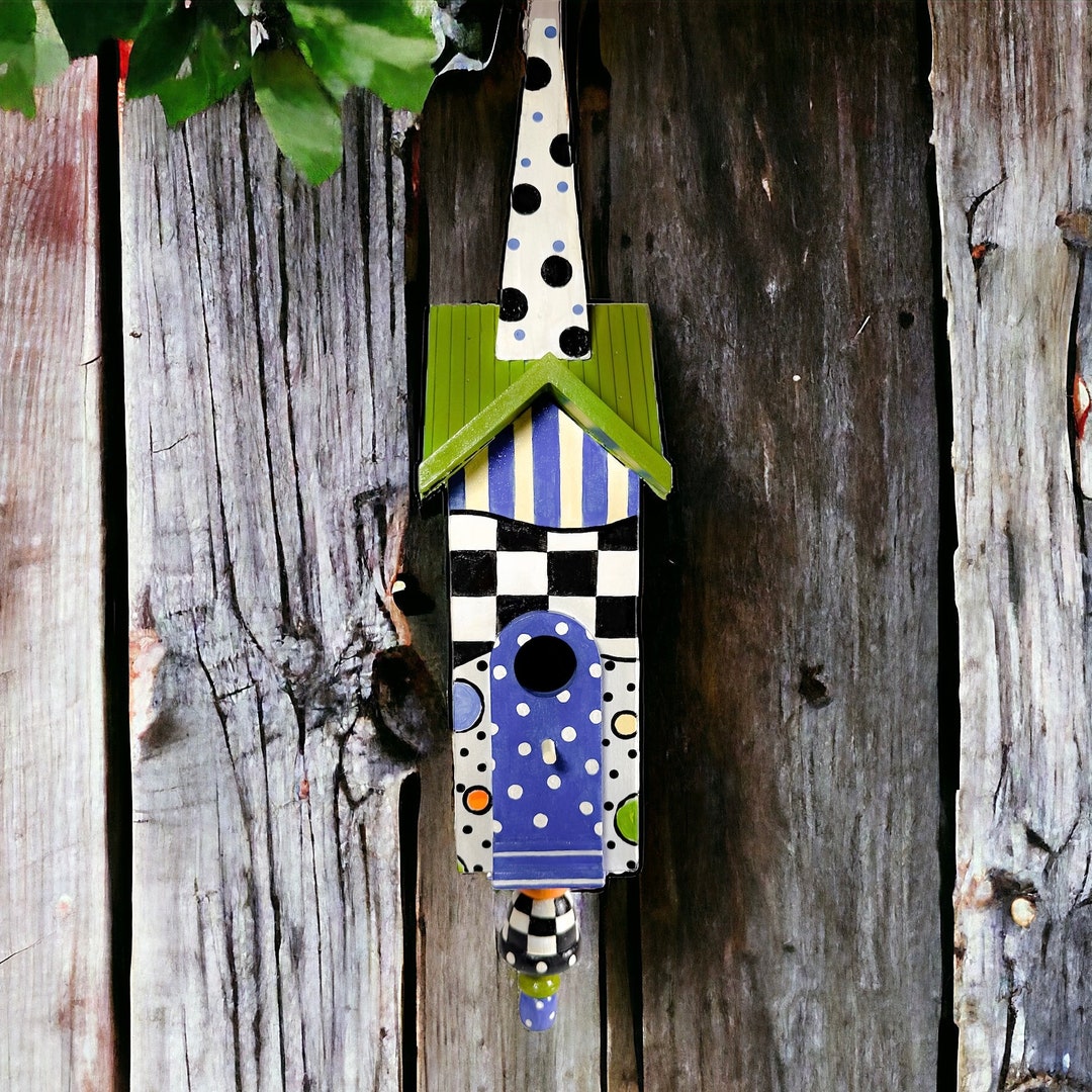 Hand Painted Whimsical Check Hanging Bird House With Finial, Wood ...
