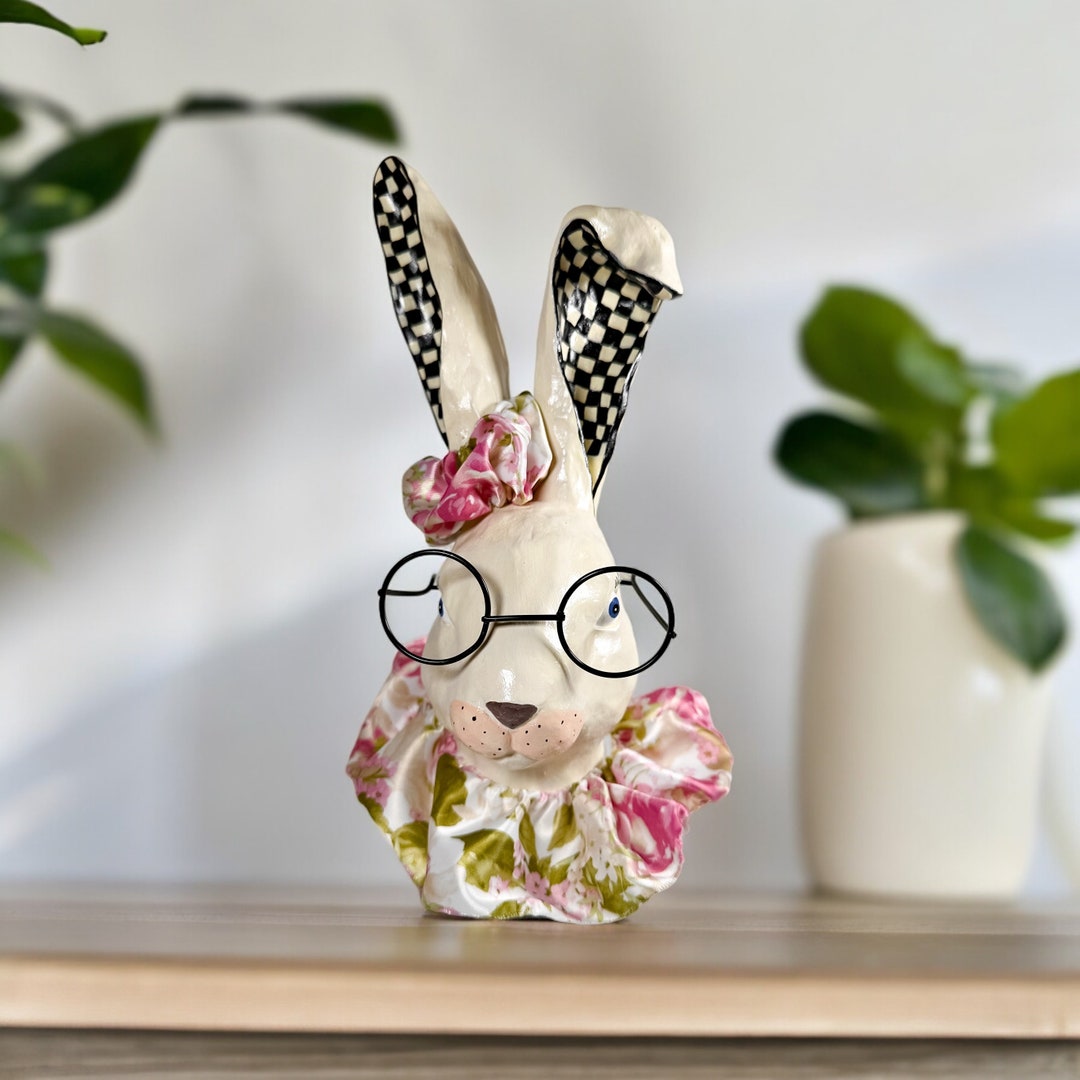Bunny Rabbit Head, Black and White Check, Hand Painted, Whimsical ...