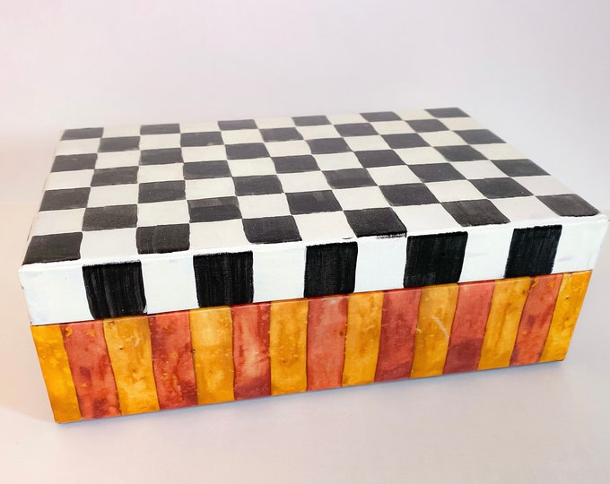 Hand Painted Black and White Check Box Bin, Container, Storage ...