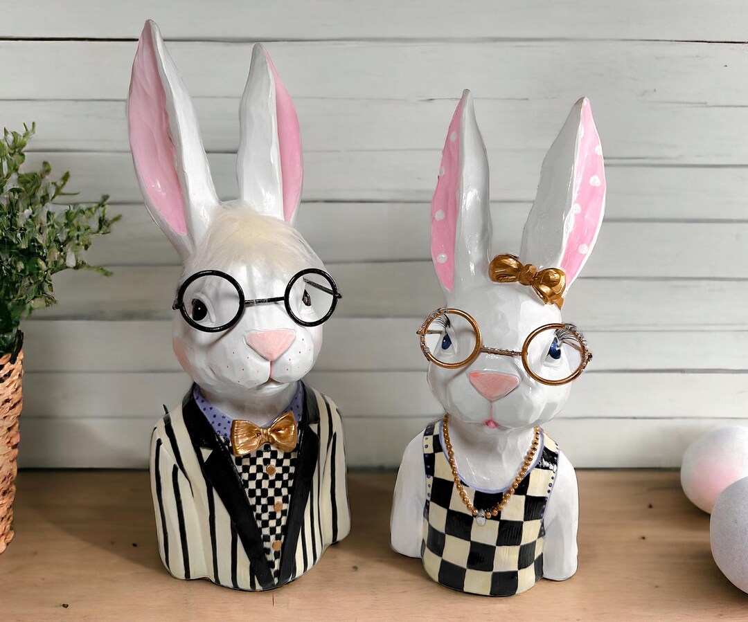 Mr and Mrs Bunny Rabbit Head Figurine, Black and White Check, Hand ...