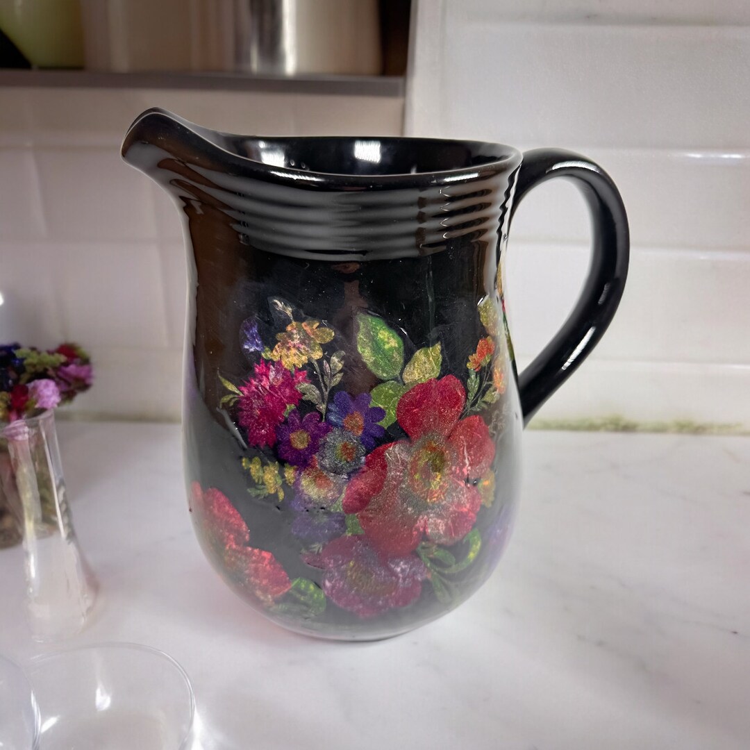 Black Floral Ceramic Pitcher, Beverage Container, Decoupaged - Etsy