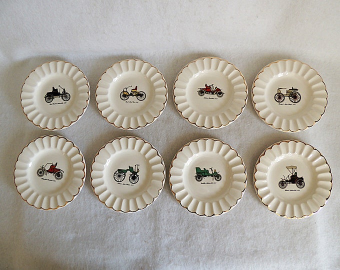 Eight 6" Plates.. Antique Automobile Car Design.. Gold Trim.. Vintage ...