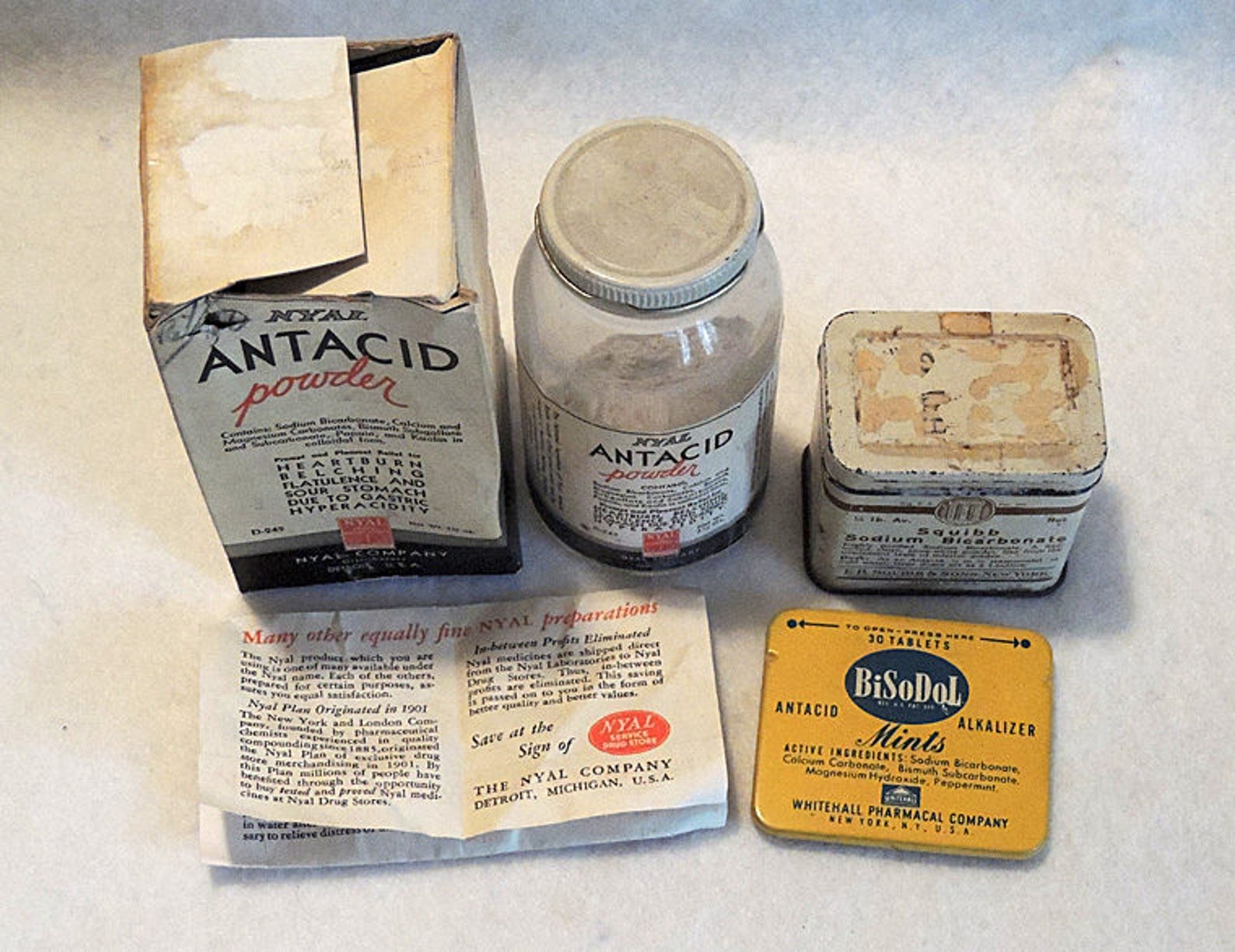 Vintage Antacid Medicine Bottle & Tins.. Nyal With Box, Squibb and ...