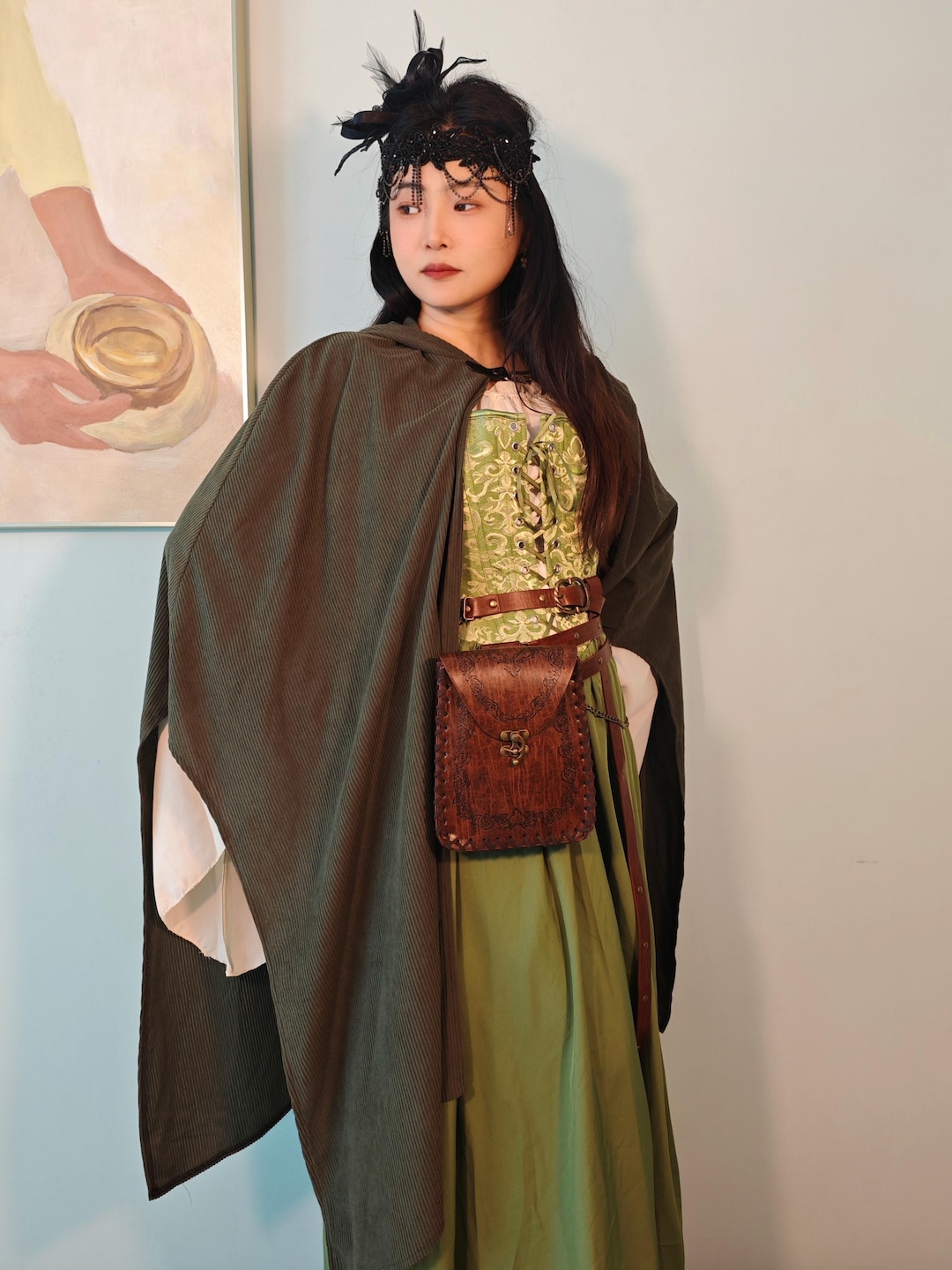 Renfaire Corduroy Hooded Cloak, Vegan Leather Belt Pouch Set - Etsy