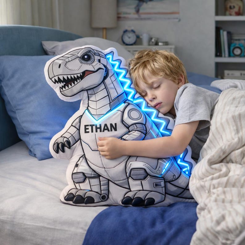 Personalized Robot Dinosaur Plush Pillow, Custom Name Kids Room Decor ...