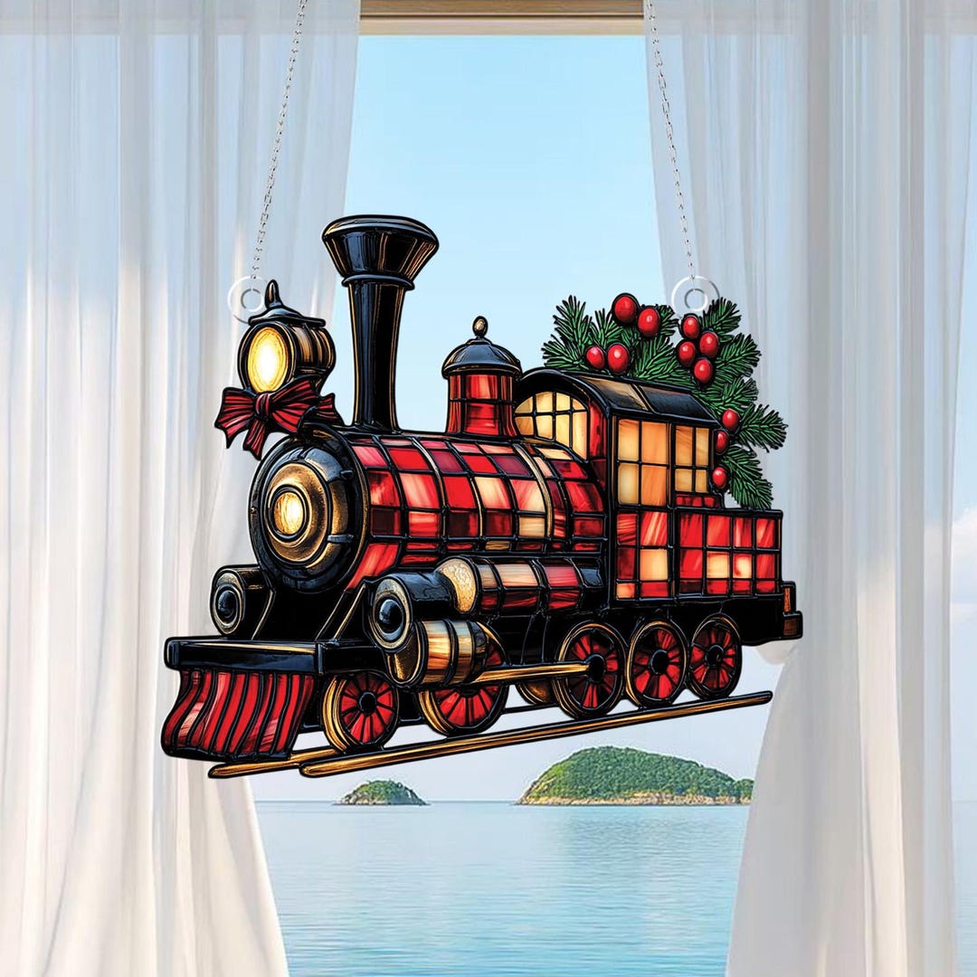 Christmas Train Window Hanging, Holiday Locomotive Decor, Vintage ...