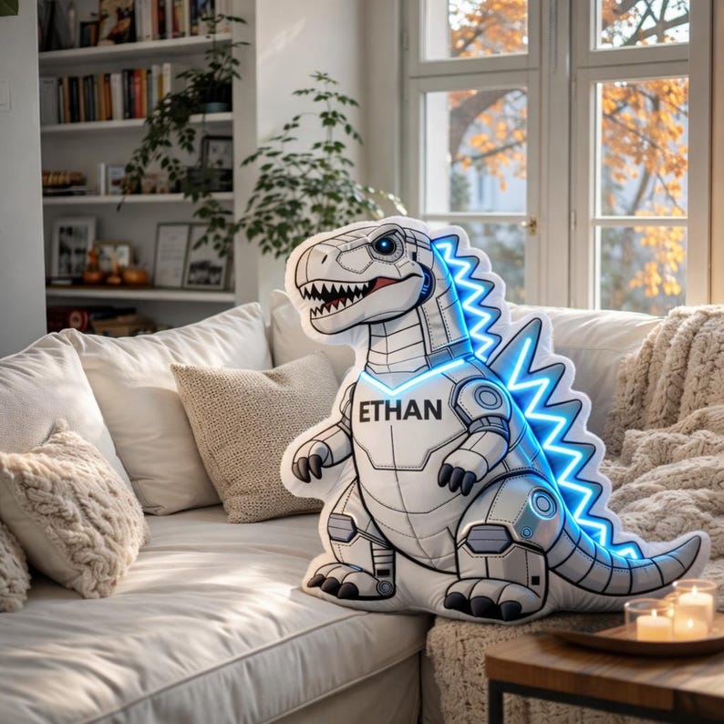 Personalized Robot Dinosaur Plush Pillow, Custom Name Kids Room Decor ...