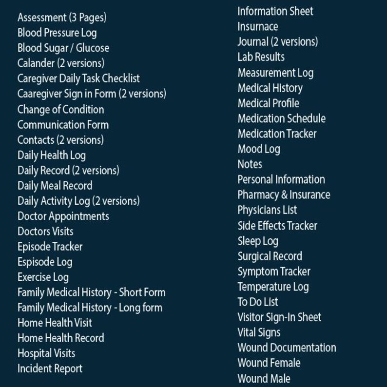 Caregiving / Home Health Record Keeping Forms - Etsy