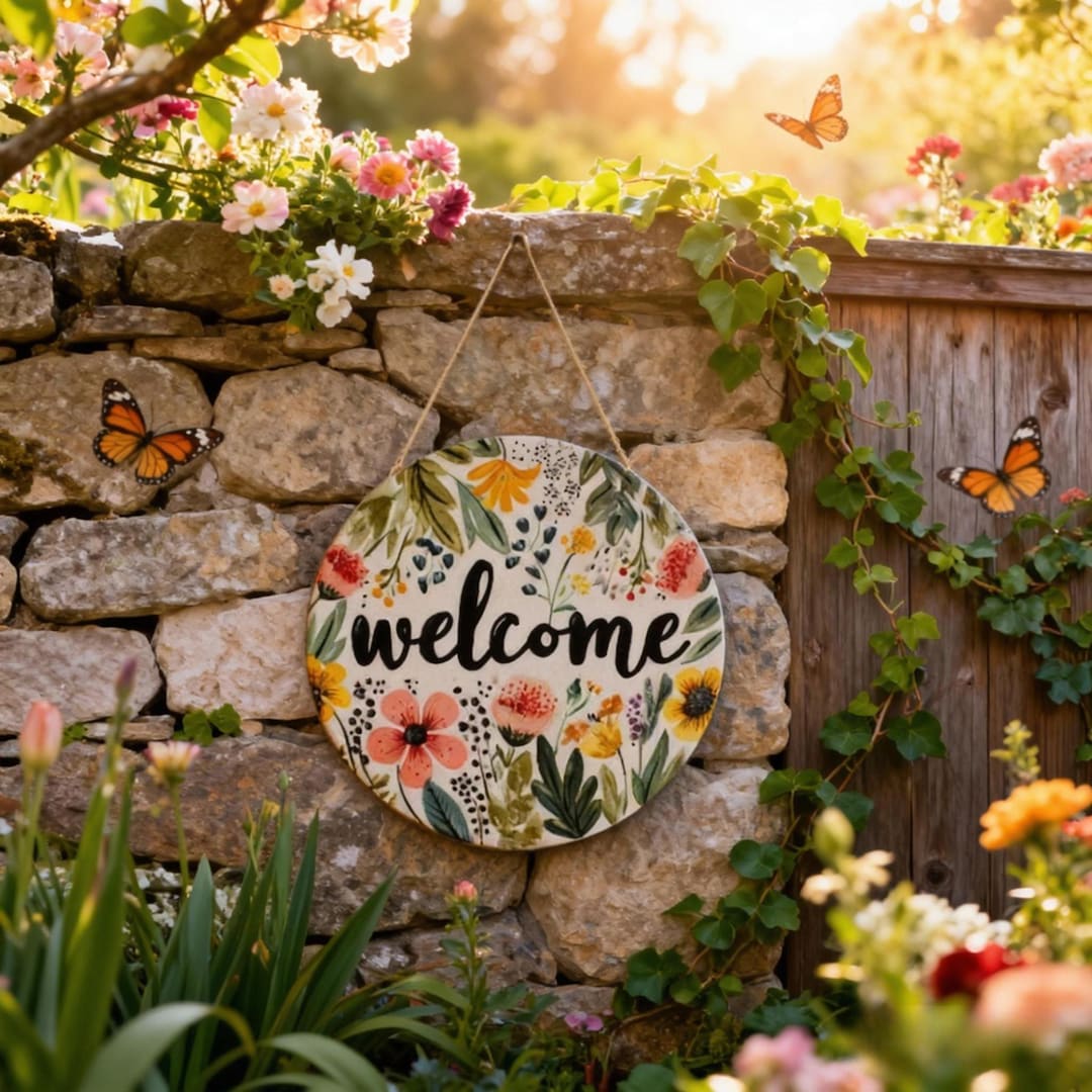 Wildflower Welcome Door Hanger - Spring Front Porch Decor, Floral Door ...
