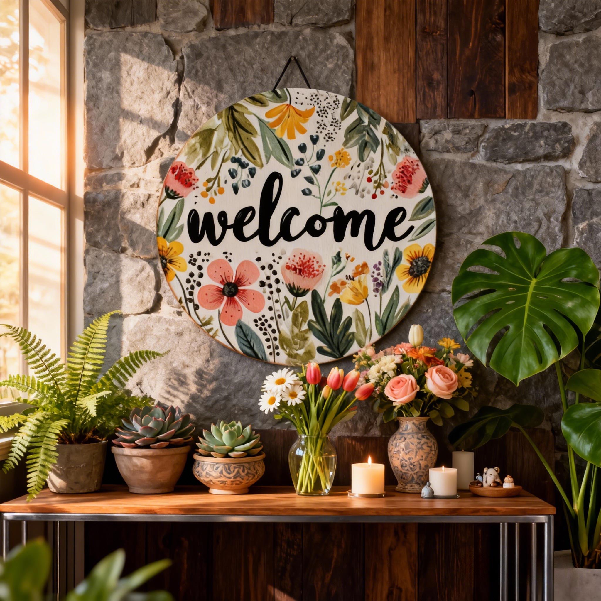 Wildflower Welcome Door Hanger - Spring Front Porch Decor, Floral Door ...