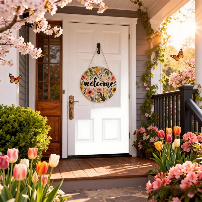 Wildflower Welcome Door Hanger - Spring Front Porch Decor, Floral Door ...